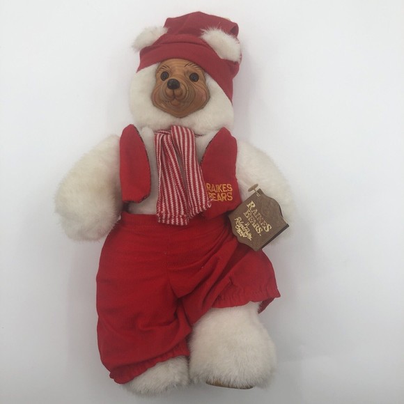 Toys | Raikes Santas Elf Bear Red Clothes Carved Wooden Face Plush ...